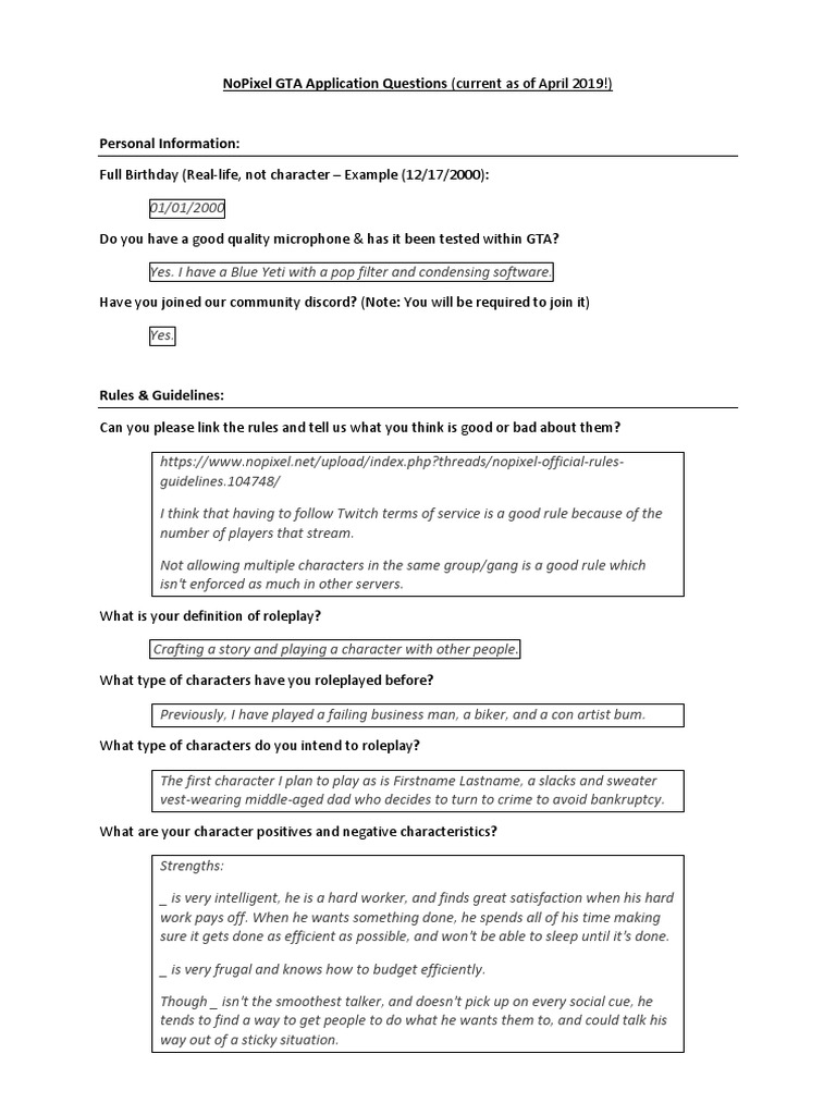 NoPixel GTA Application Questions April 2019 | PDF | Business