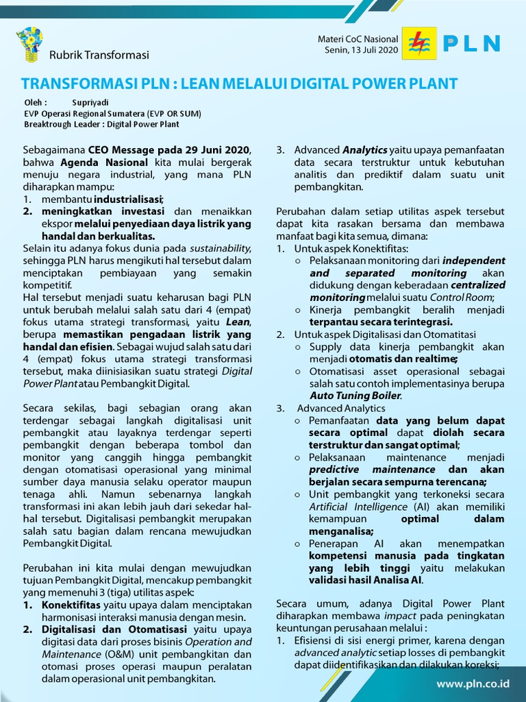 Materi CoC Nasional - 13072020 - Rubrik Transformasi - Transformasi PLN - Lean Melalui Digital ...