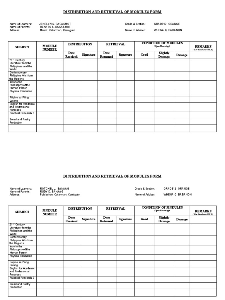 Distribution and Retrieval of Modules Form | PDF | Philippines ...