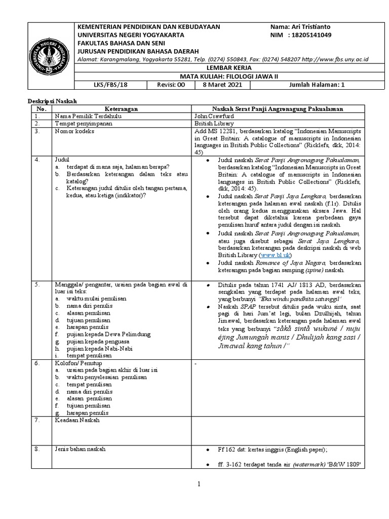 Analisis Naskah Serat Panji Angronagung | PDF