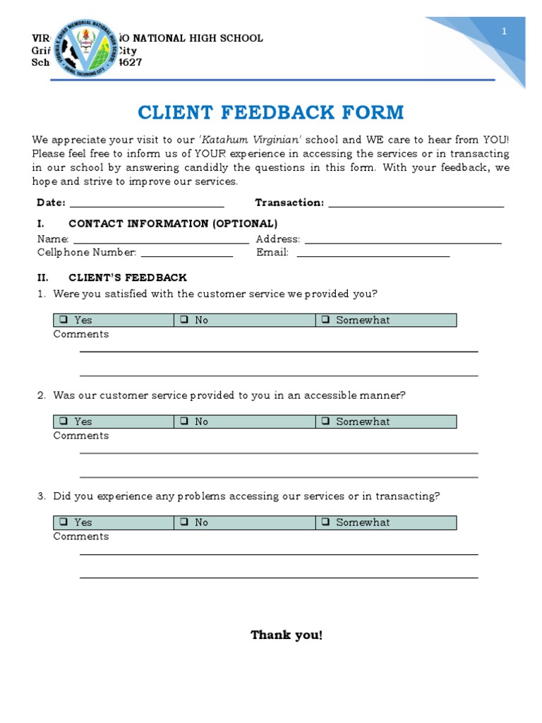 Client Feedback Form - VFGNHS | PDF