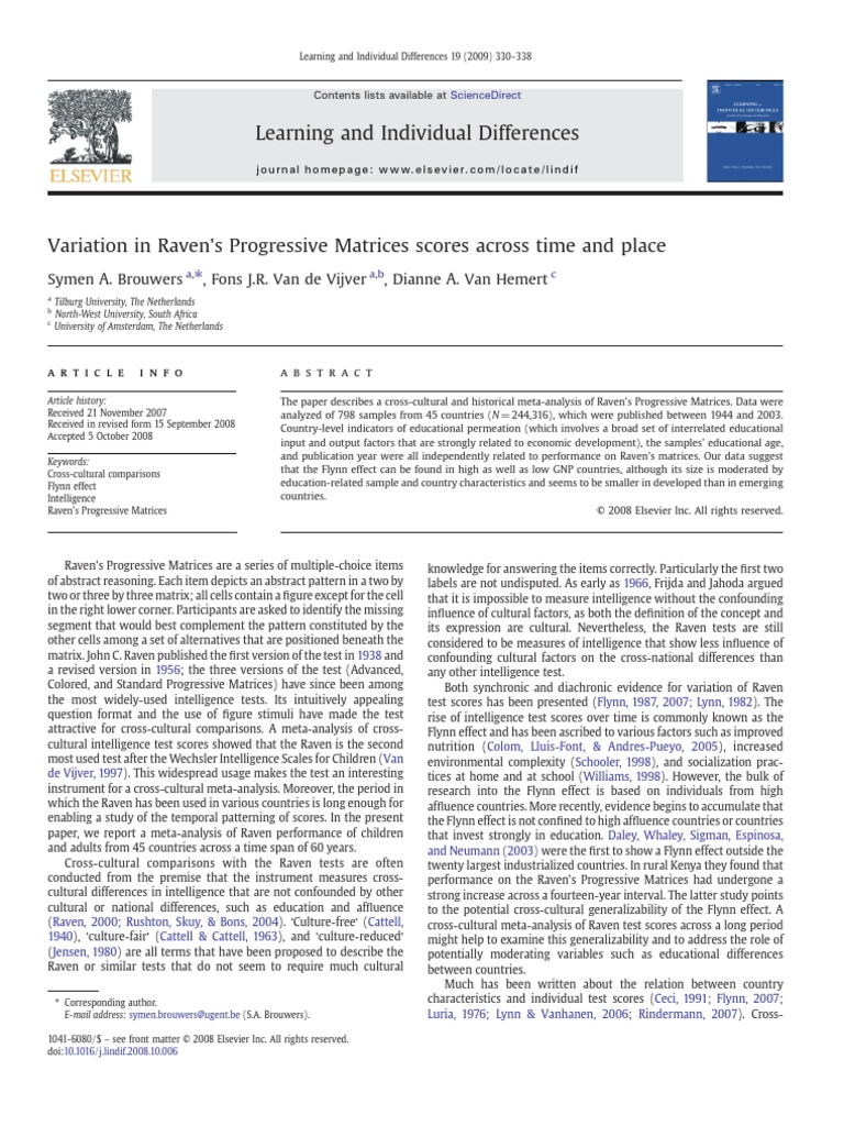 Variation in Raven's Progressive Matrices Scores Across Time and Place ...