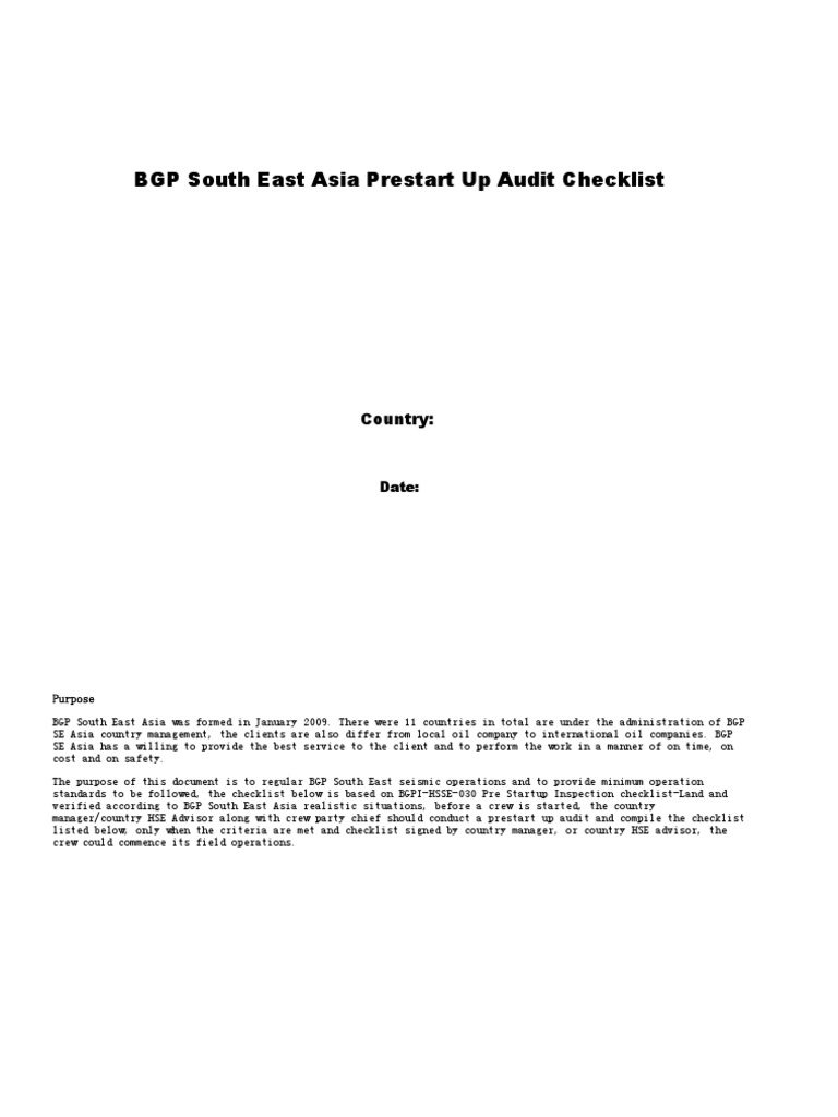 BGP SE Asia Pre Startup Inspection Checklist 2 - 2011 | PDF ...