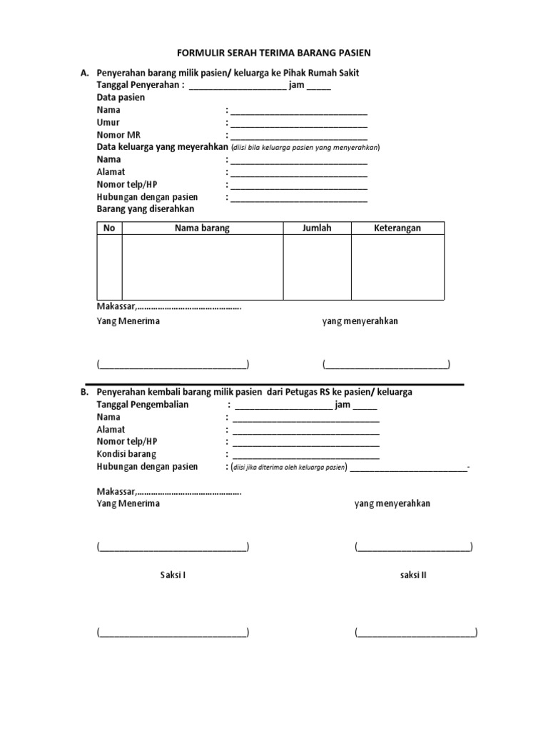 Formulir Serah Terima Barang Pasien | PDF