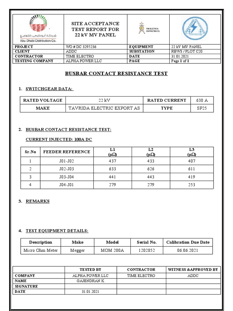 Busbar Contact Resistance Test Report | PDF