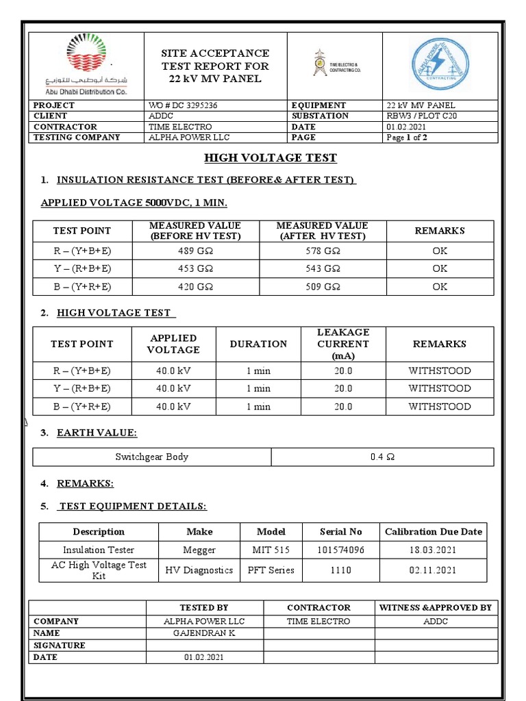 High Voltage Test: Site Acceptance Test Report For 22 KV MV Panel | PDF ...