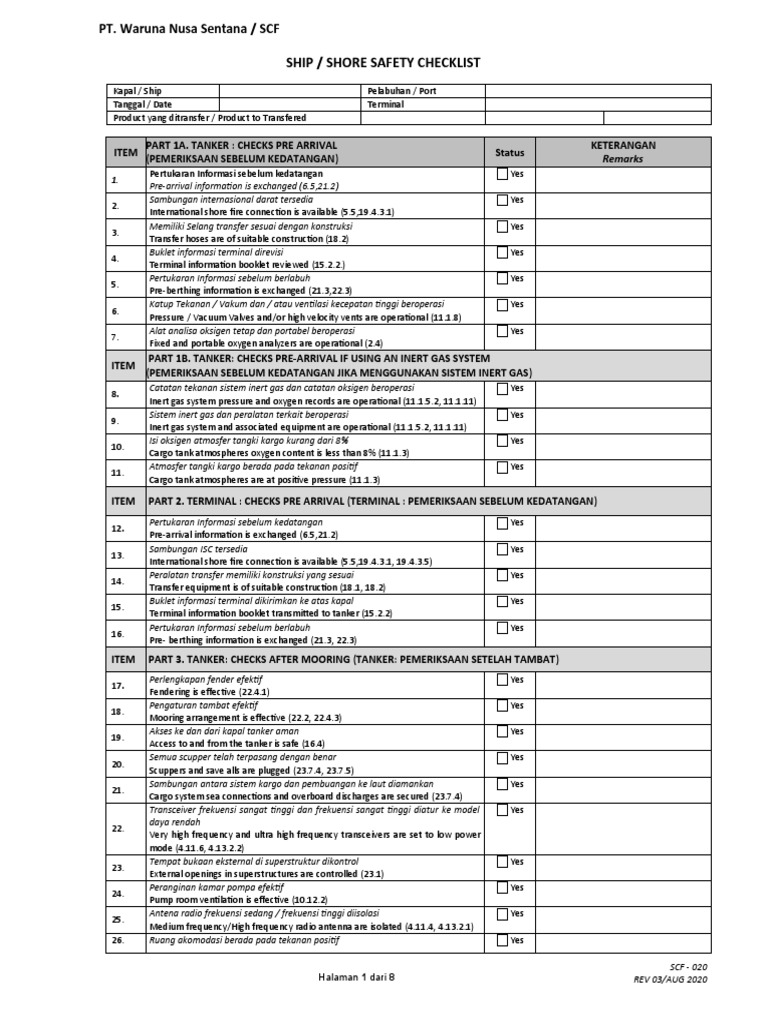 SCF 020 - Ship Shore Safety Checklist | PDF | Oil Tanker | Chemical ... SCF 020 - Ship Shore Safety Checklist | PDF | Oil Tanker | Chemical ...