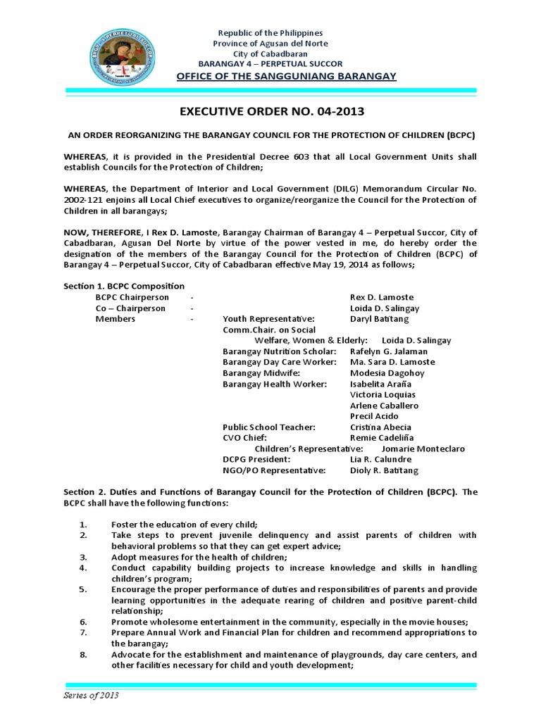 EXECUTIVE ORDER - BCPC | Download Free PDF | Human Life Stages | Human ...