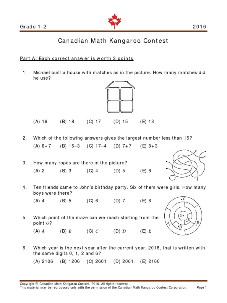 Canadian Math Kangaroo Contest: Grade 1-2 2016 | PDF | Teaching Methods ...