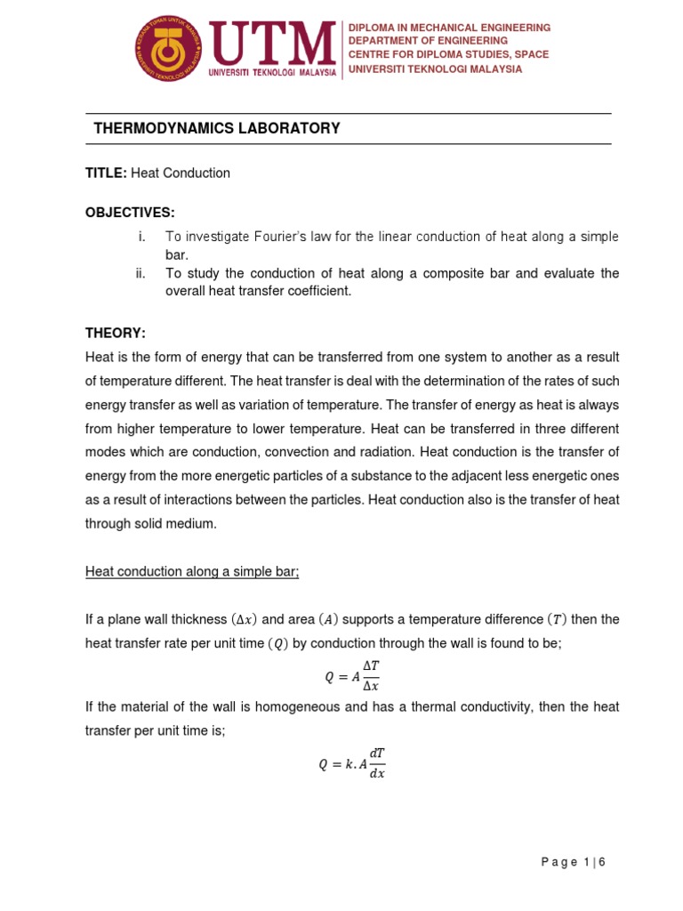 Thermodynamics Laboratory: TITLE: Heat Conduction | PDF | Thermal ...