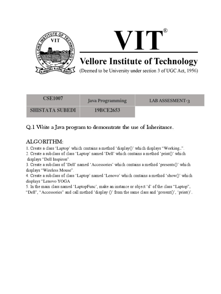 Q1 Write A Java Program To Demonstrate The Use Of Inheritance Algorithm Download Free Pdf