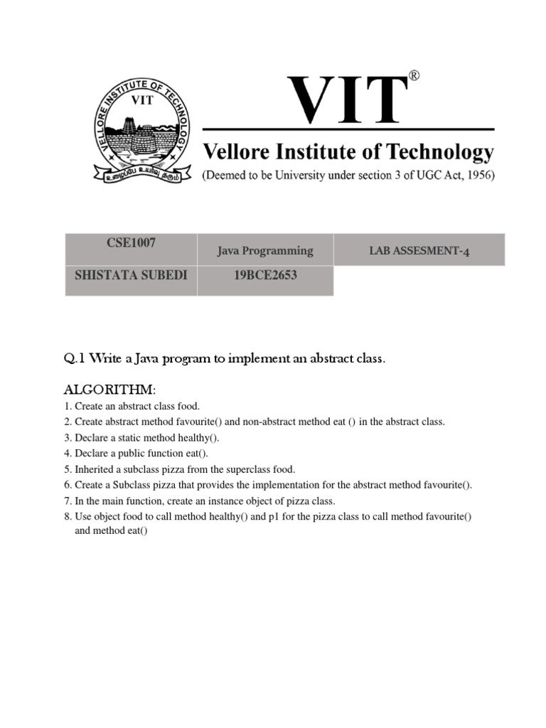 CSE1007 Java Programming Lab Assesment-4 Shistata Subedi 19BCE2653 | PDF | Method (Computer ...