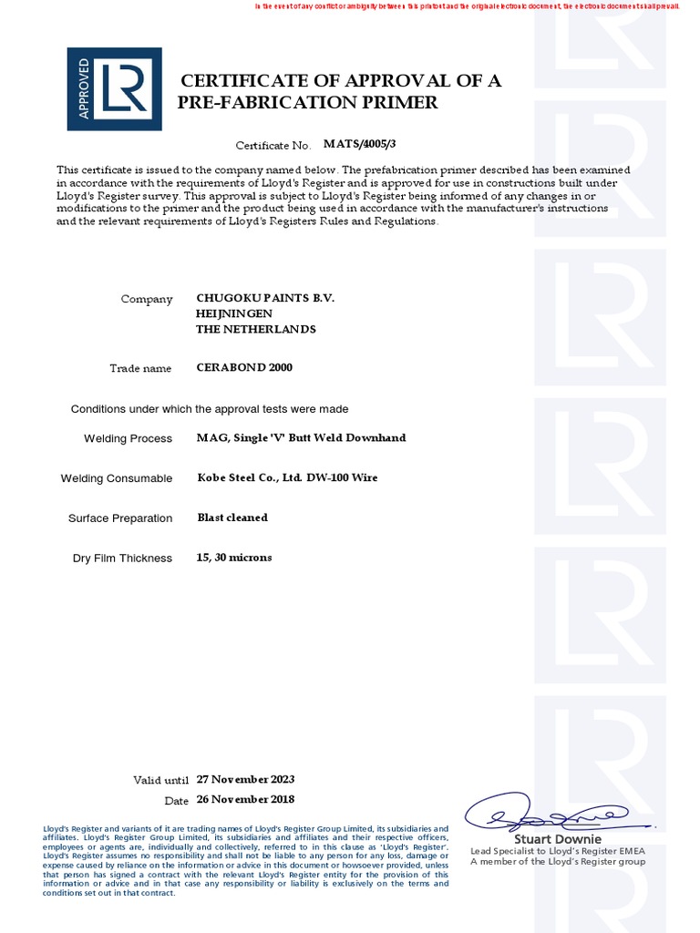 Certificate of Approval of A Pre-Fabrication Primer: MATS/4005/3 | PDF ...
