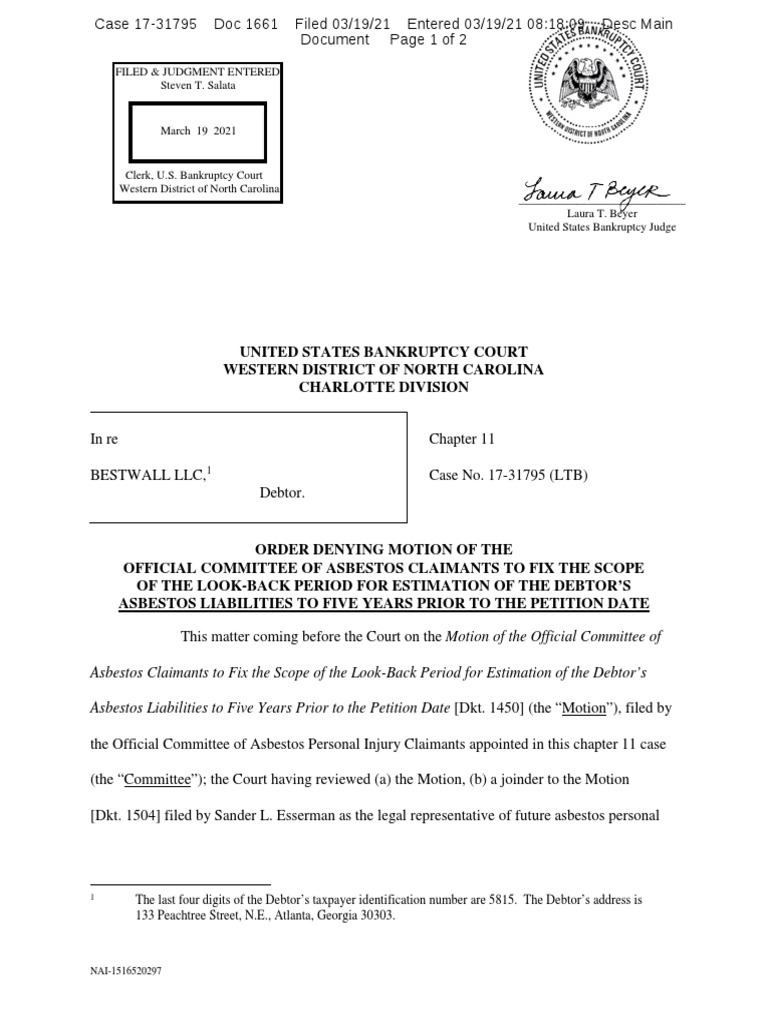 Bestwall - Order Denying Motion ACC Motion To Fix The Scope of The Look ...