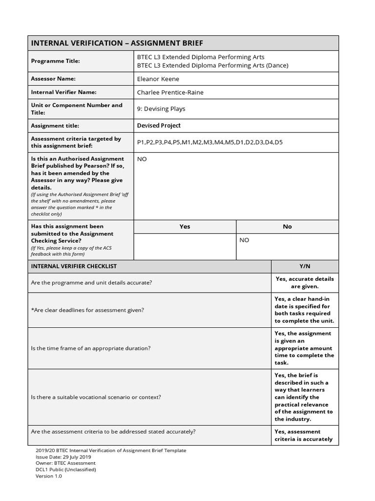 Internal Verification - Assignment Brief: Devised Project | PDF | Test ...