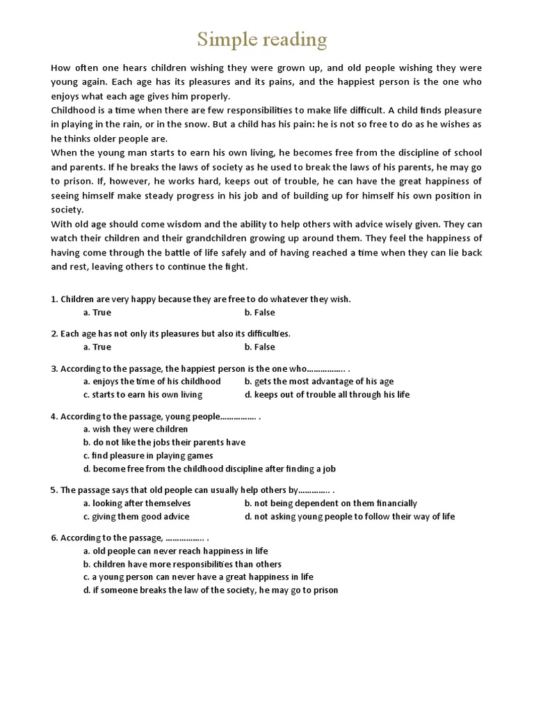 Simple Reading Reading Comprehension Exercises - 93105 | PDF | Wellness