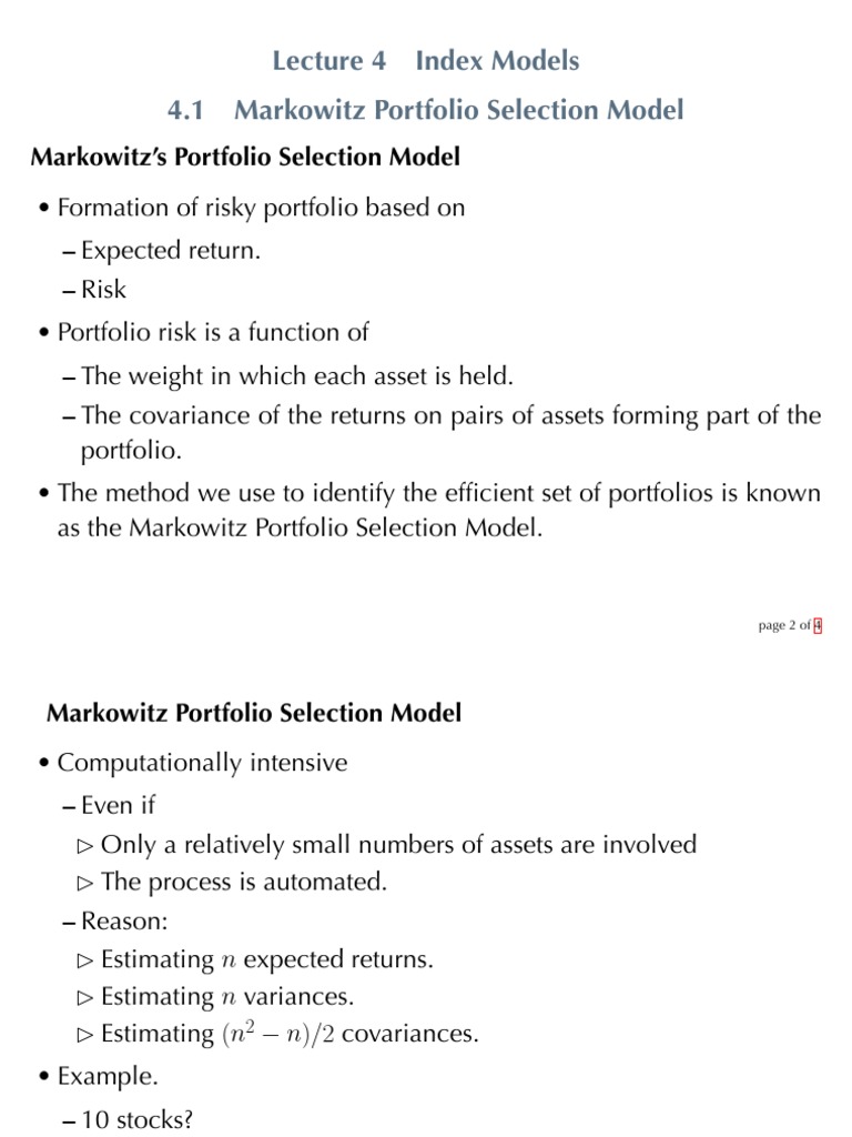 Lecture 4 Index Models 4.1 Markowitz Portfolio Selection Model | PDF | Beta (Finance ...