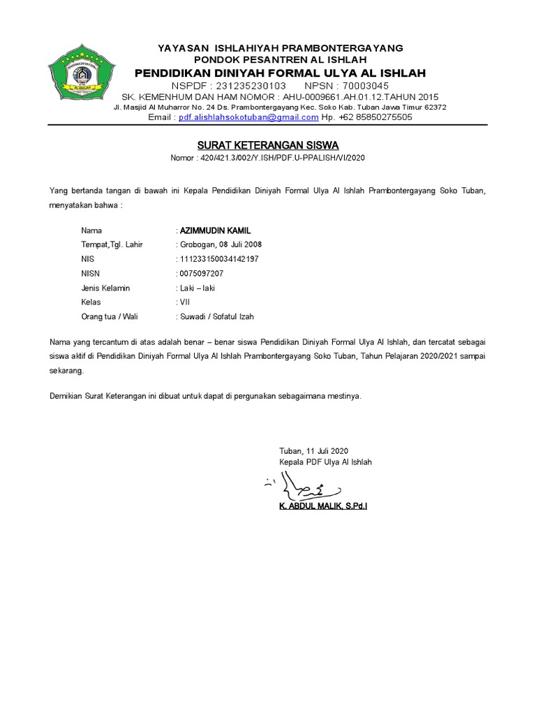 Surat Keterangan Santri Pdf
