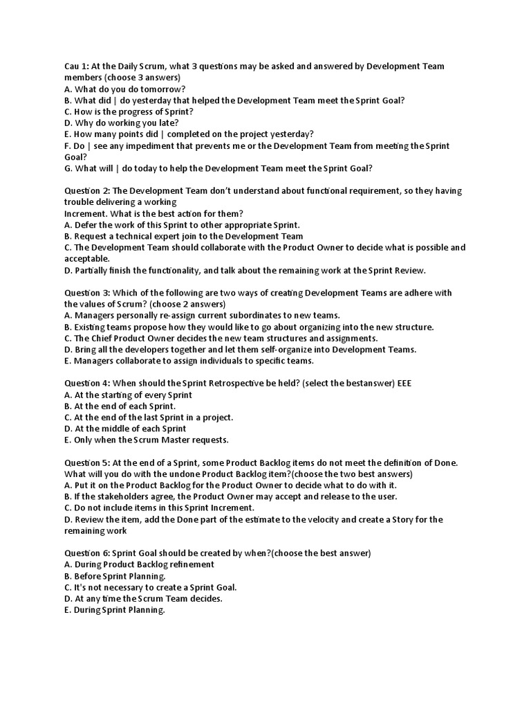 Scrum Knowledge Assessment: Multiple Choice Questions on Scrum Practices and Events | PDF ...