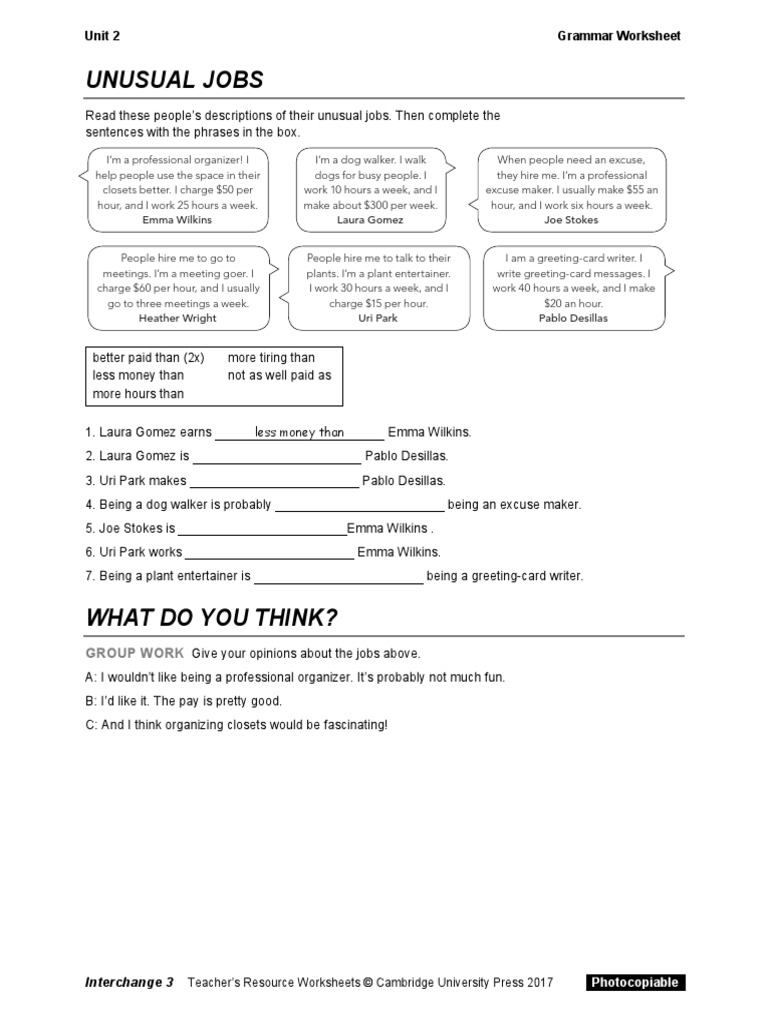 Unusual Jobs: Unit 2 Grammar Worksheet | PDF