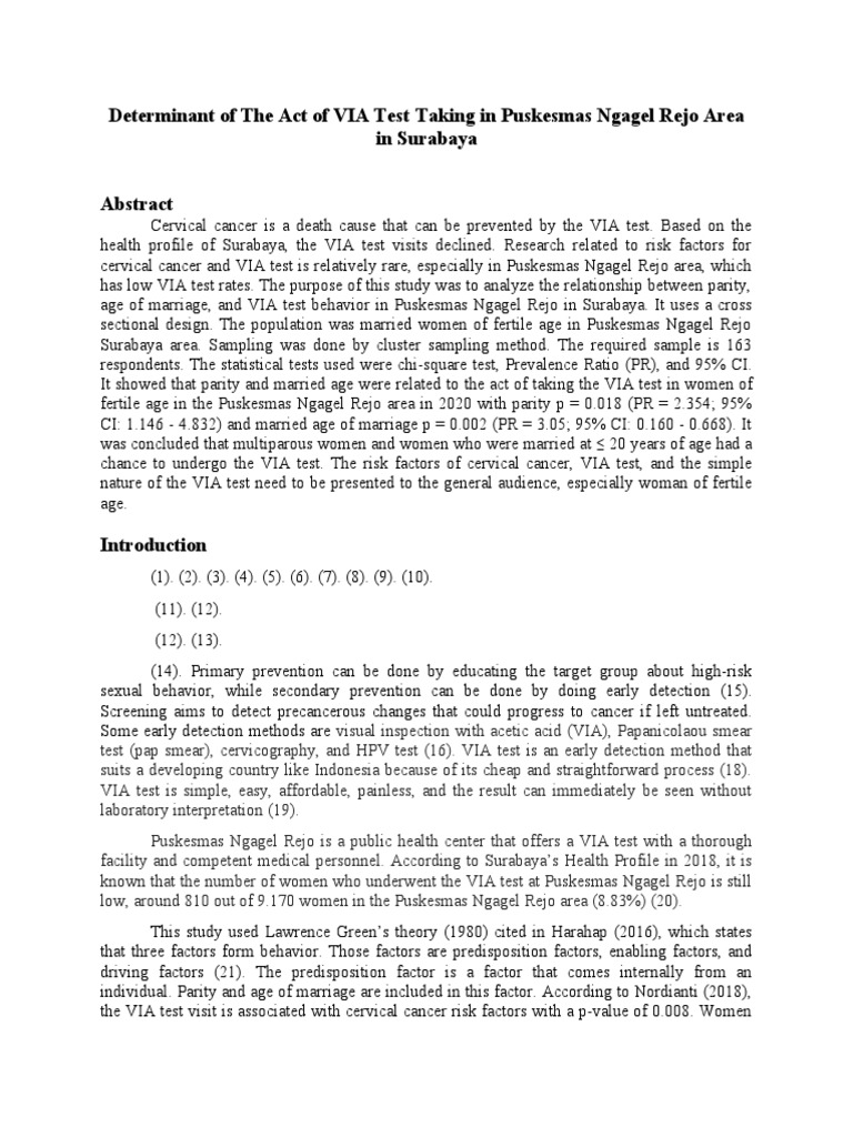 Determinant of The Act of VIA Test Taking in Puskesmas Ngagel Rejo Area ...
