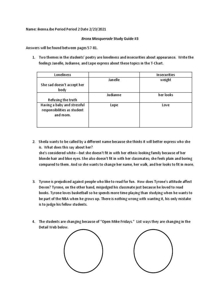 Bronx Masquerade Study Guide #3 | PDF