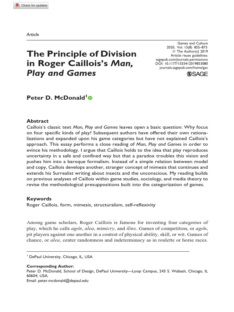The Principle of Division in Roger Caillois's Man, Play and Games | PDF ...