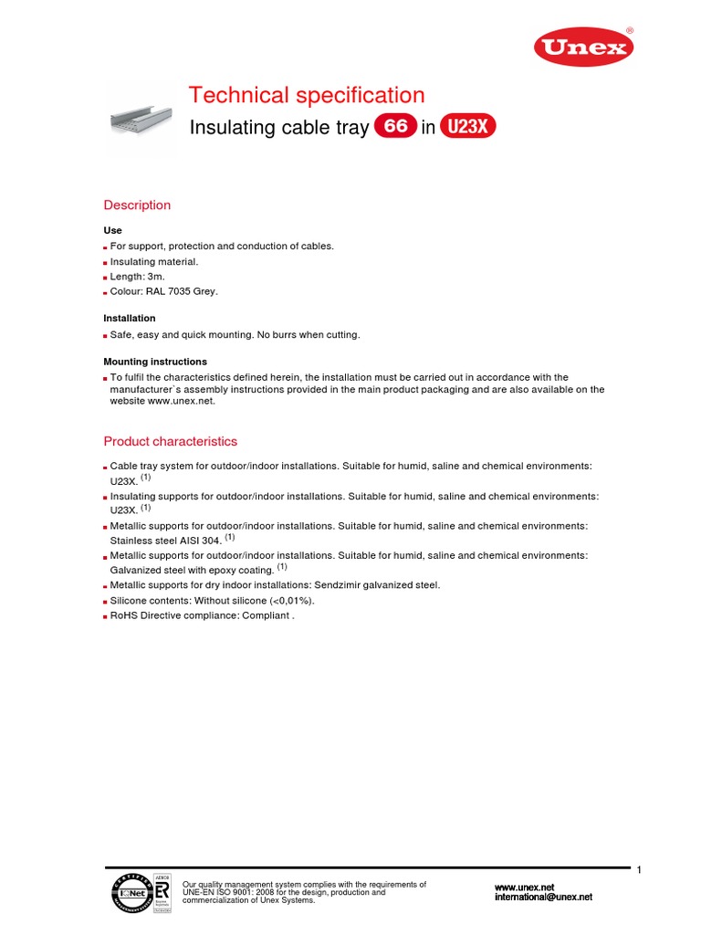 Technical Specifications Insulating Cable Tray 66 Unex U23X | PDF ...
