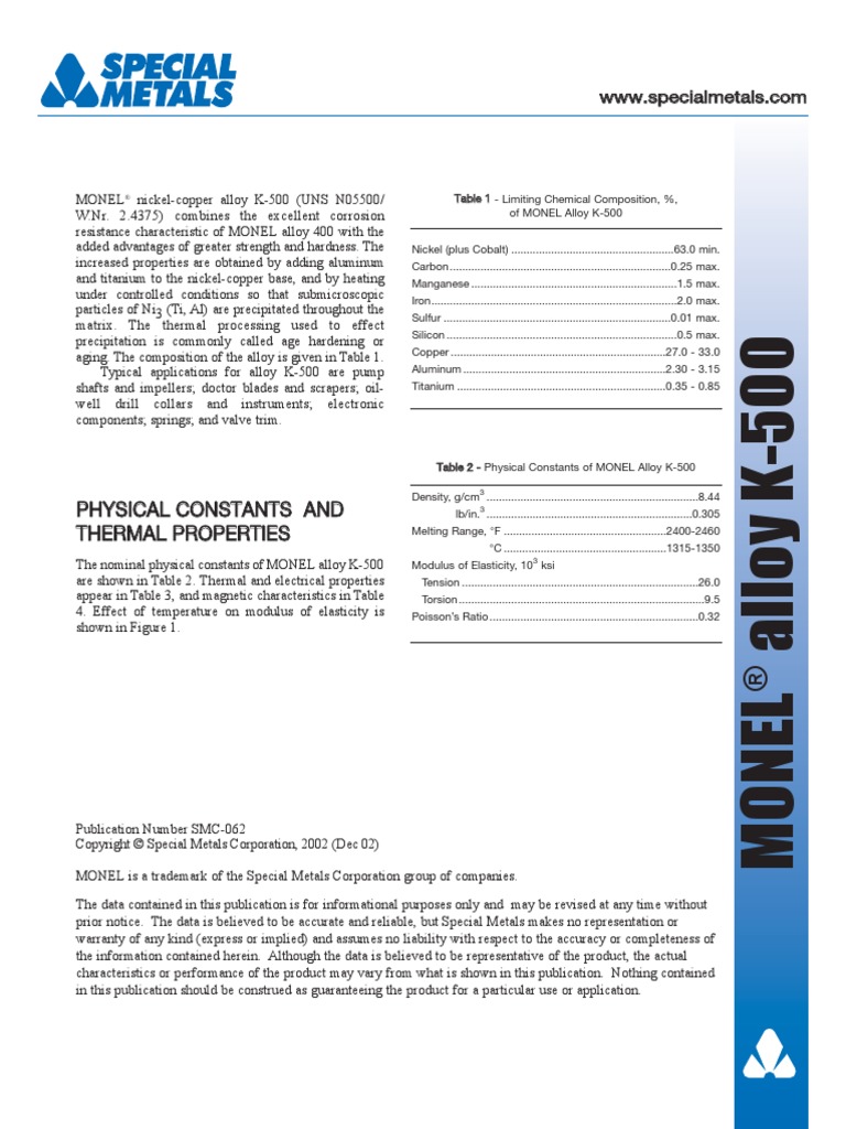 Monel K500 | PDF | Heat Treating | Ultimate Tensile Strength