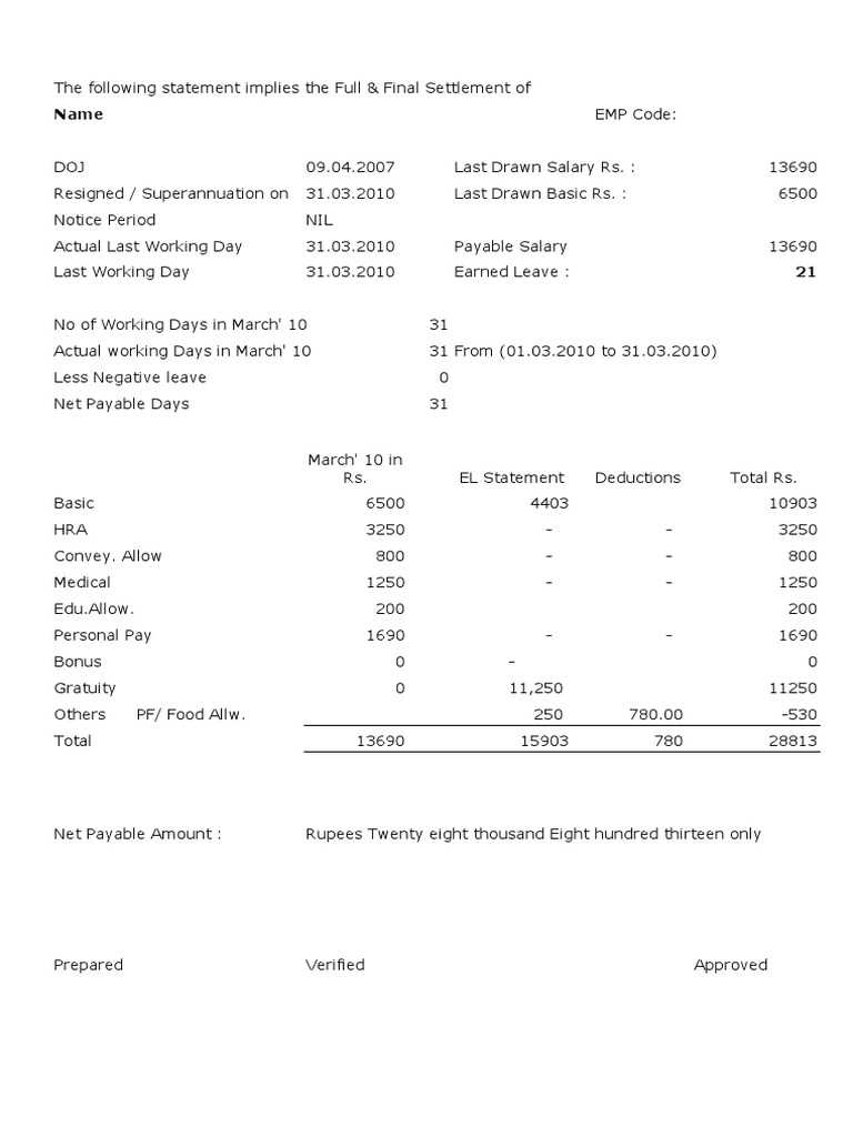 Full and Final Settlement Format | PDF