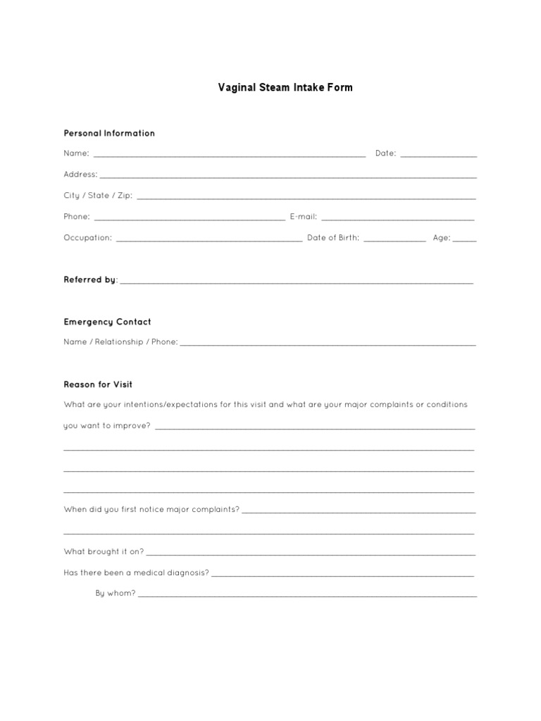 Vaginal Steam Intake Form: Personal Information | Download Free PDF ...
