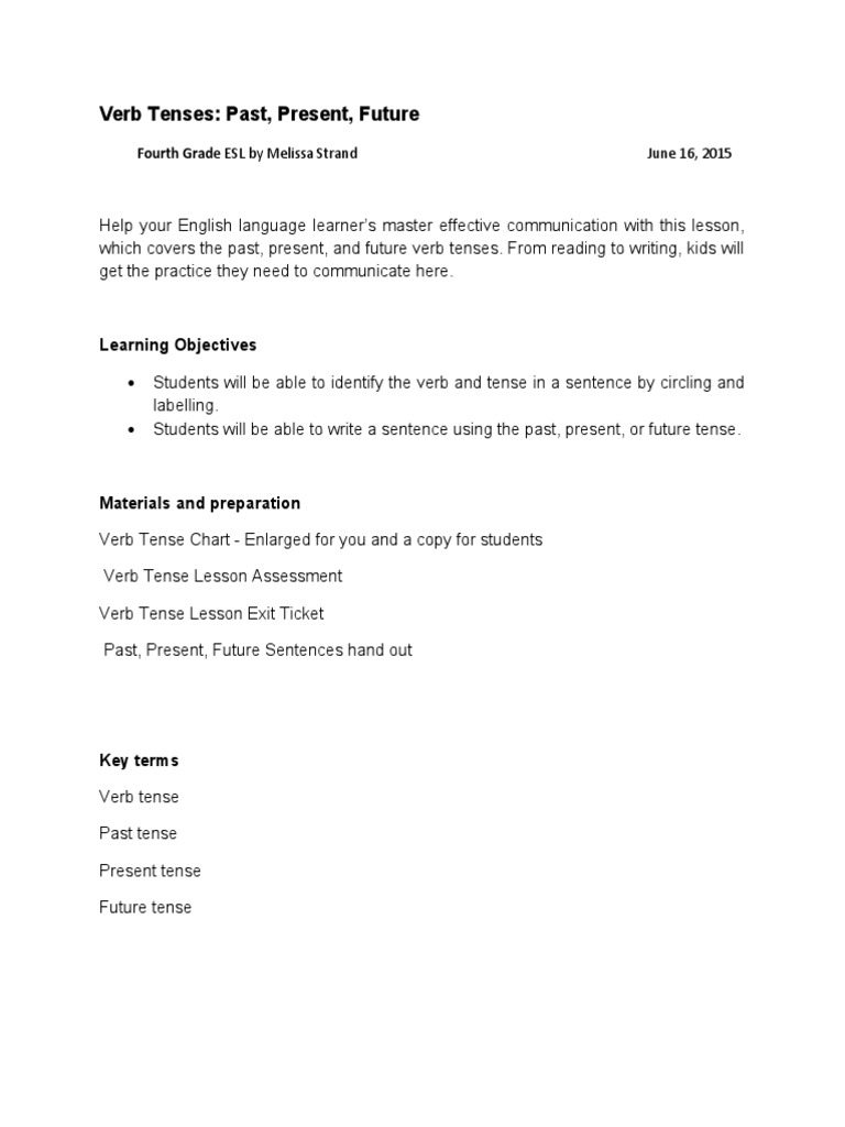 Verb Tenses: Past, Present, Future: Learning Objectives | PDF ...