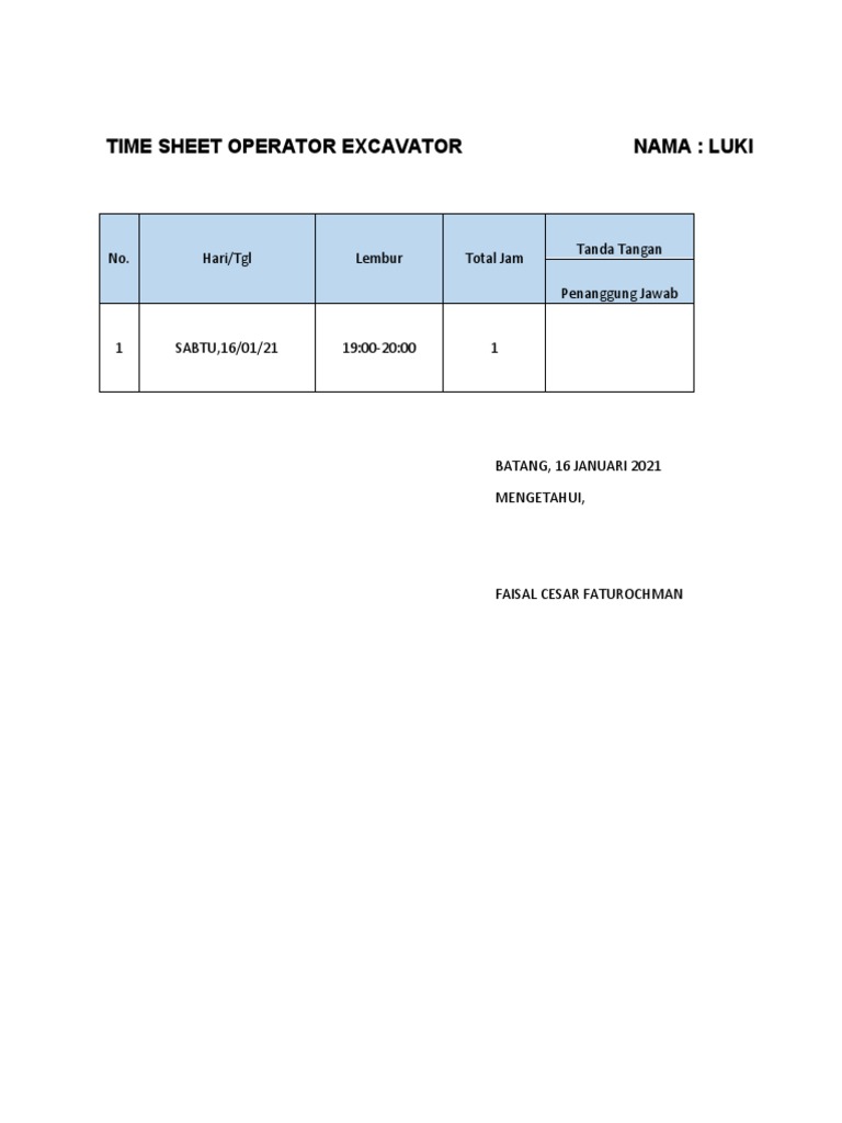 Time Sheet Operator Excavator 16 Jan 2021 | PDF