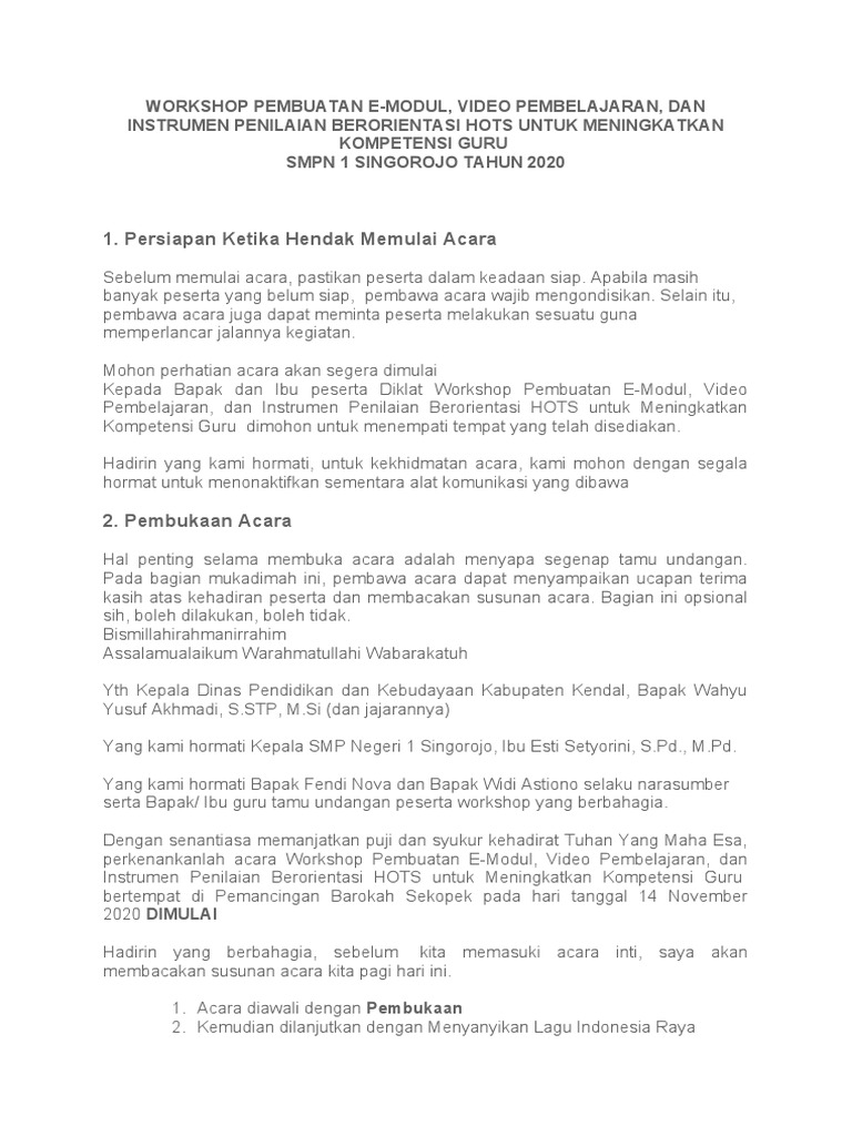 Susunan Acara Workshop E-Modul 2020 | PDF
