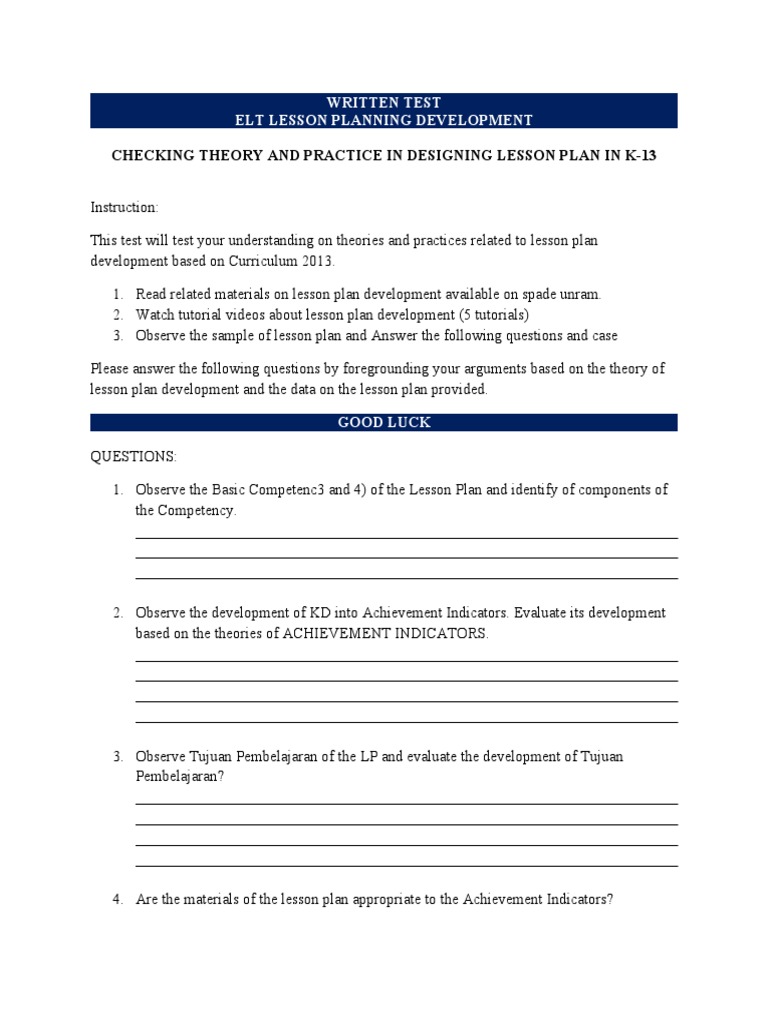 Written Test - Elt Lesson Planning | PDF | Lesson Plan | Educational ...