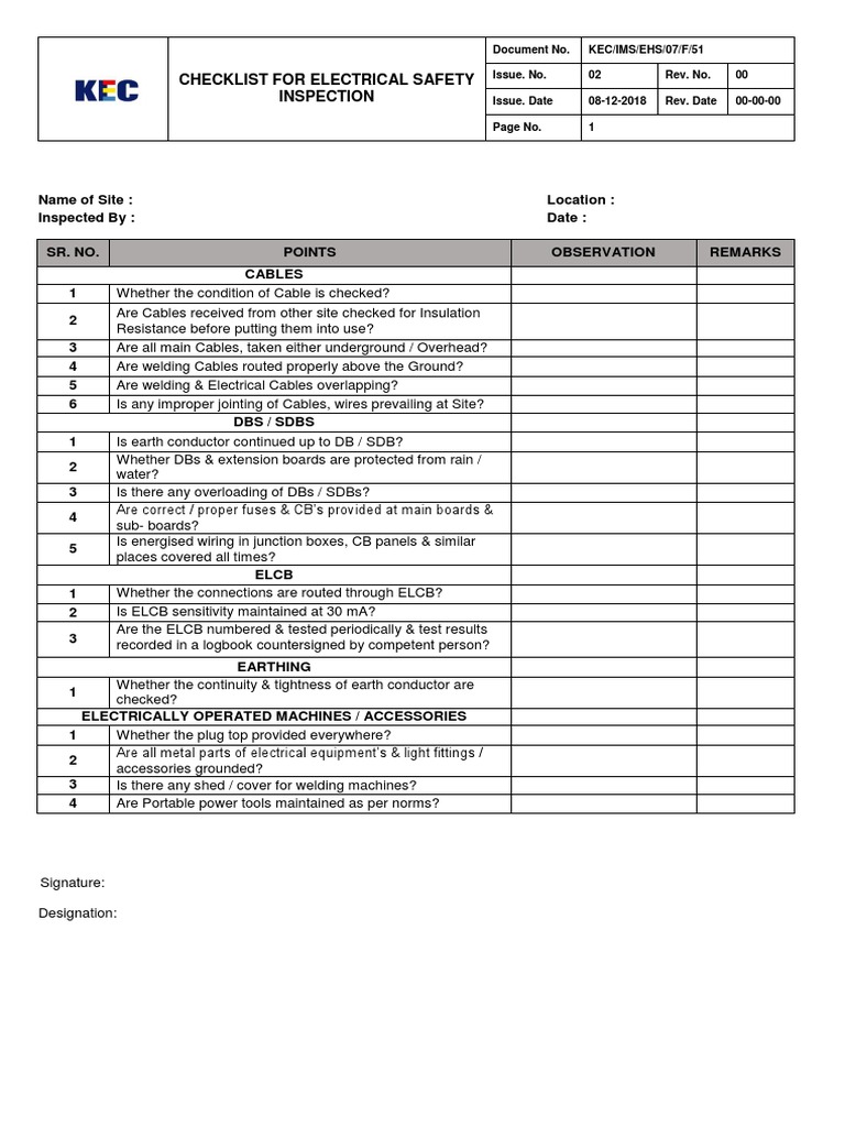 Checklist For Electrical Inspection Electrical Design Quality