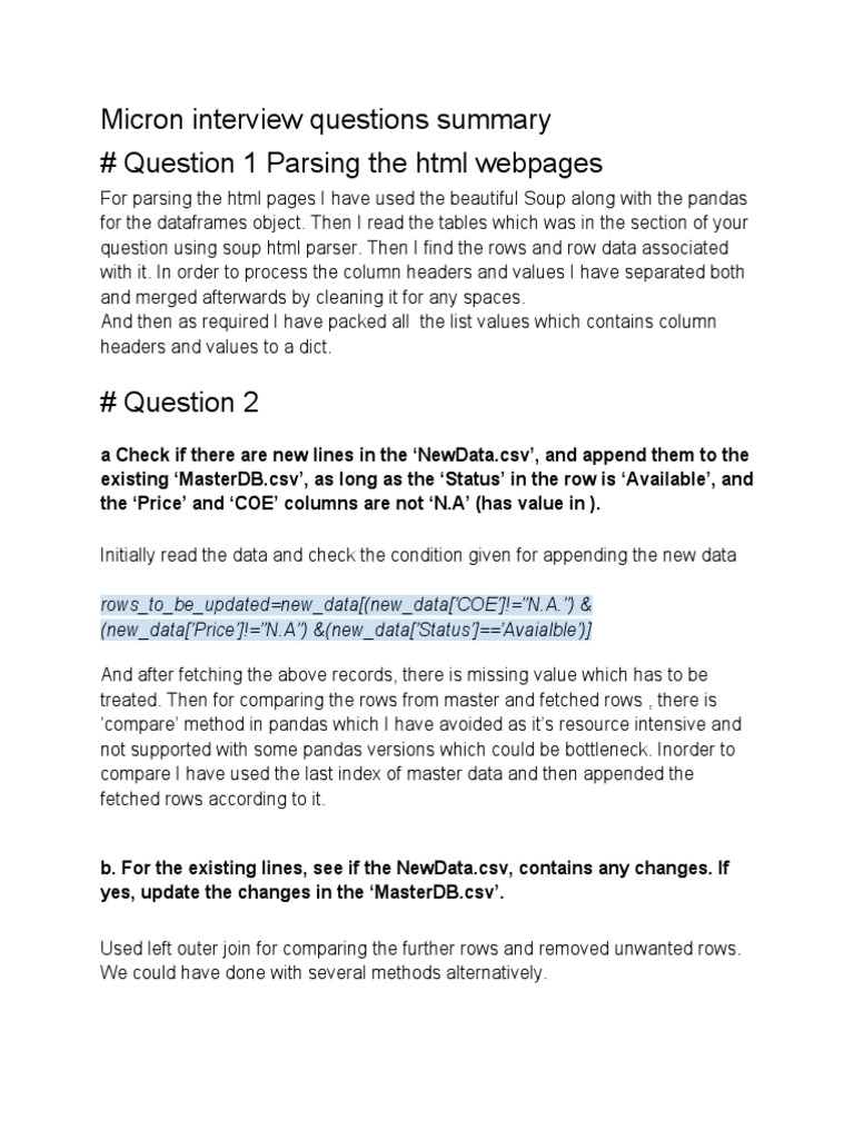 Micron Interview Questions Summary # Question 1 Parsing The HTML ...