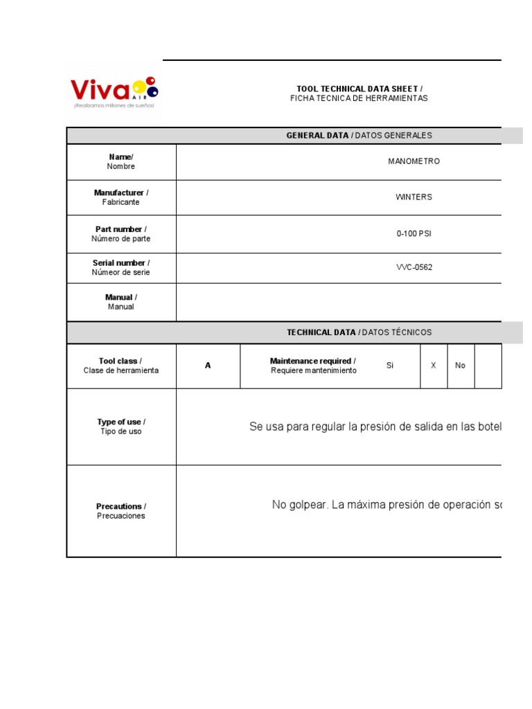 Tool Data Sheet Manometros 0-100 Psi | PDF