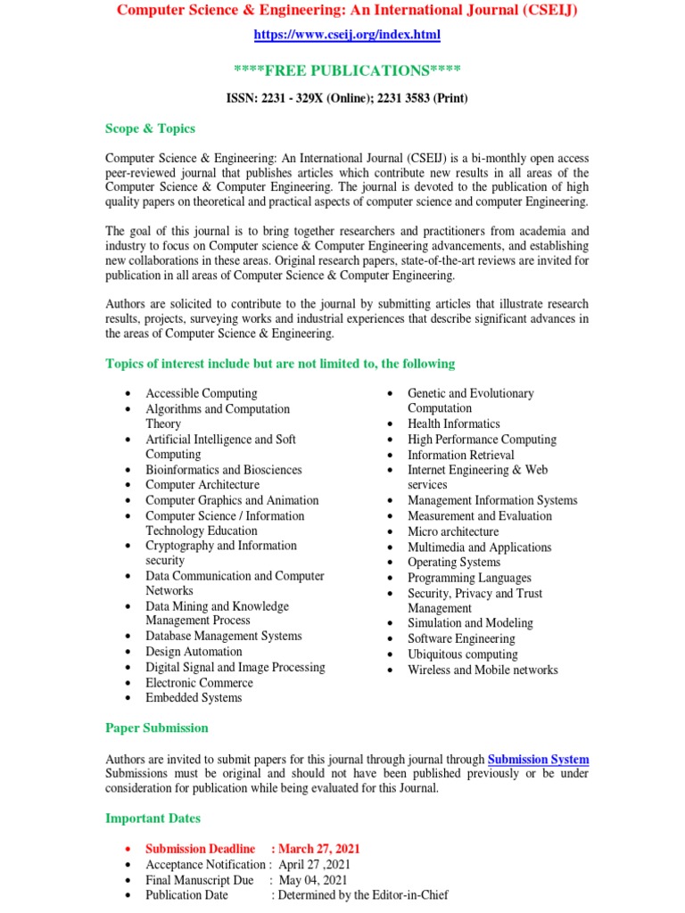 Computer Science And Engineering An International Journal Cseij Pdf 4273
