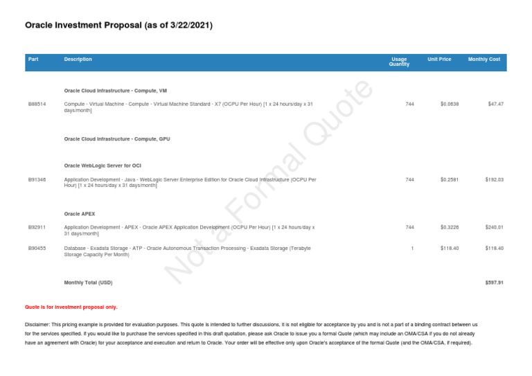 Not A Formal Quote: Oracle Investment Proposal (As of 3/22/2021) | PDF ...