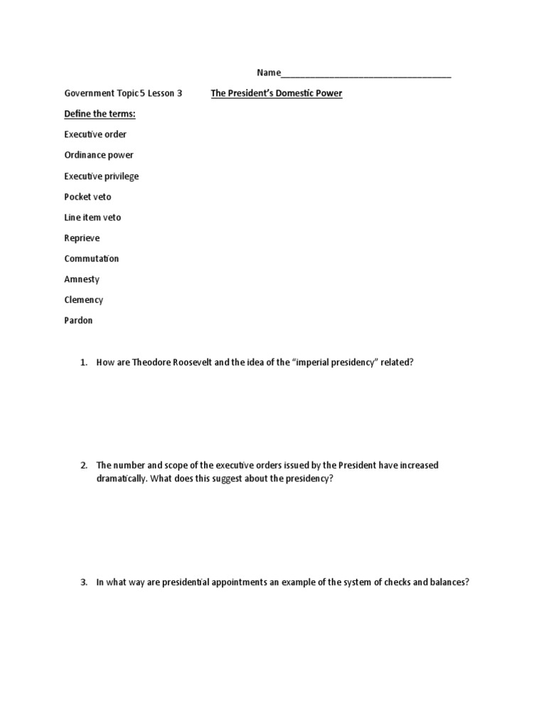 Topic 5 Lesson 3 - Presidents Domestic Power | PDF