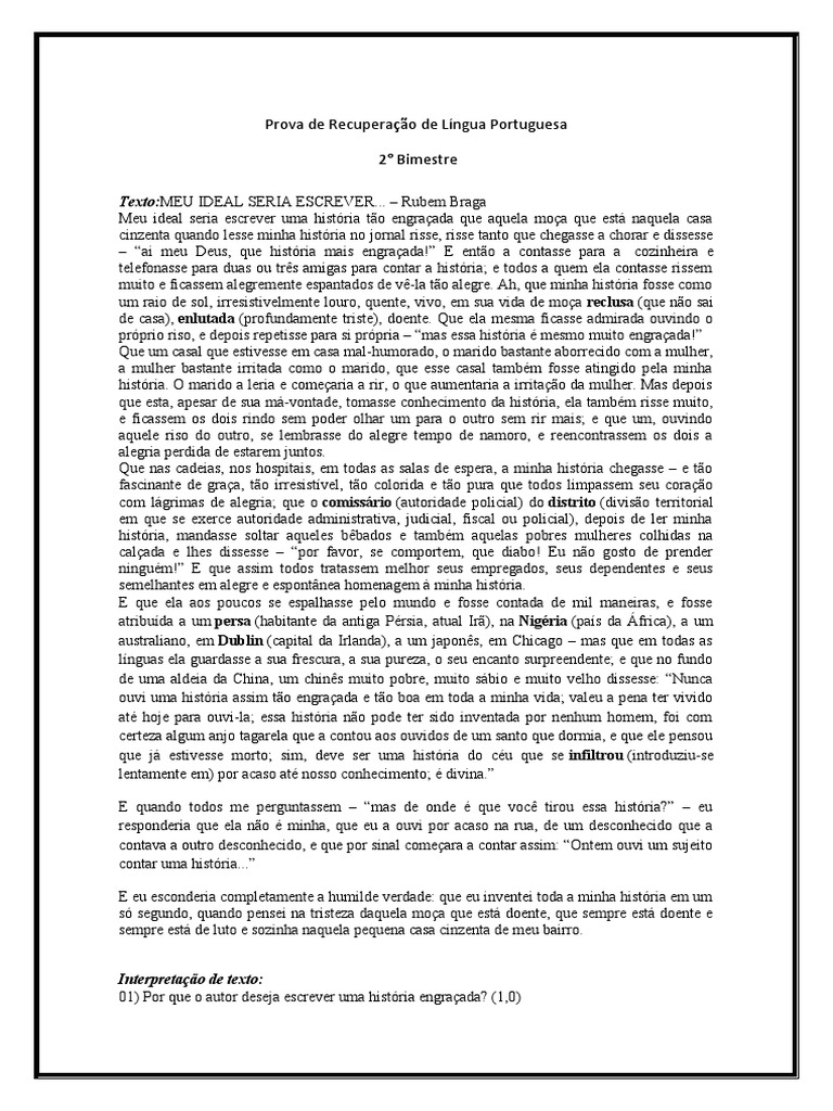 Prova de Português 8 Ano 2 Bim Recuperacao 2017 | PDF