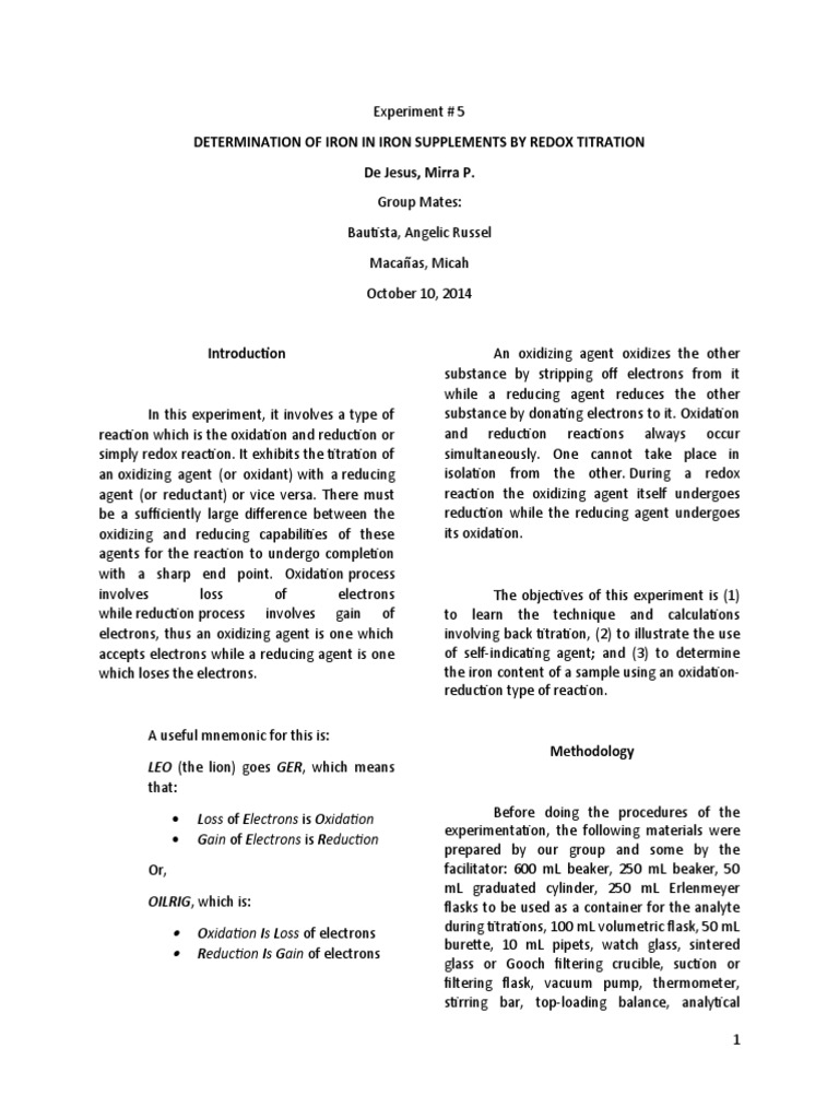 Determination of Iron in Iron Supplements by Redox Titration de Jesus ...