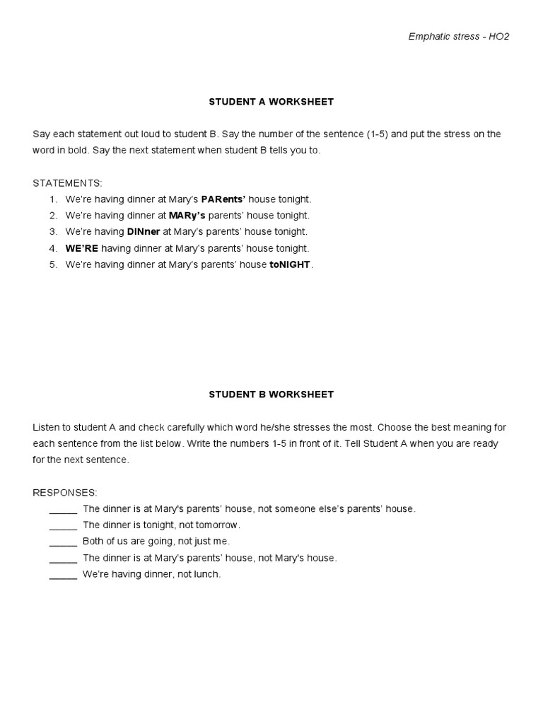 Emphatic Stress Exercises and Examples | PDF