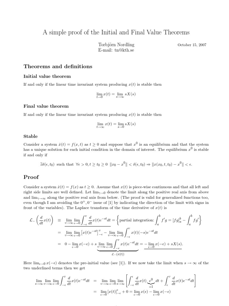 Initial And Final Value Theorems Uk Pdf Laplace Transform