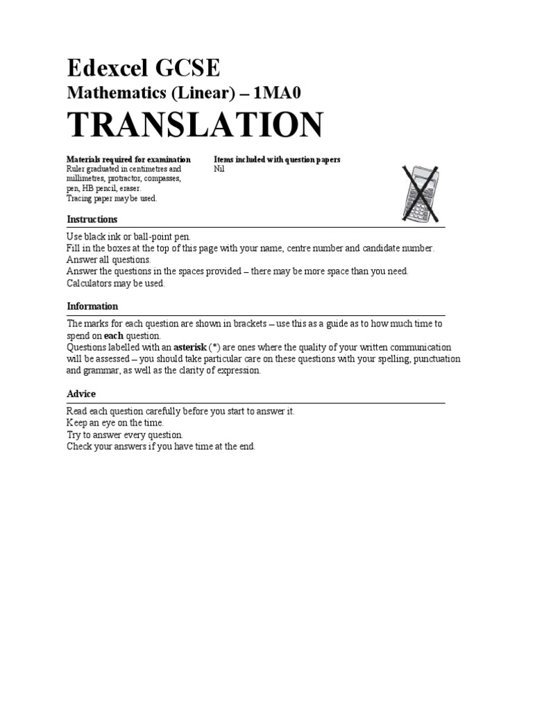 Translation: Edexcel GCSE | PDF | Geometry | Teaching Mathematics