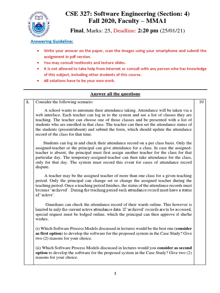 CSE 327: Software Engineering (Section: 4) Fall 2020, Faculty - MMA1 ...