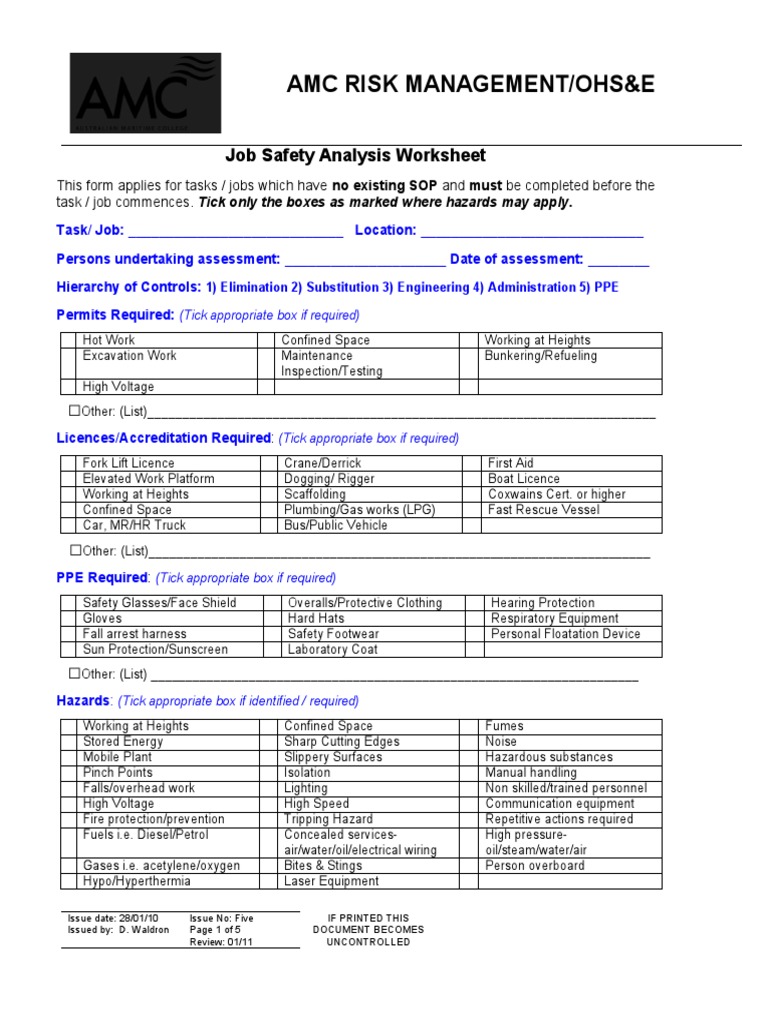 Job Safety Analysis Worksheet | PDF | Personal Protective Equipment ...