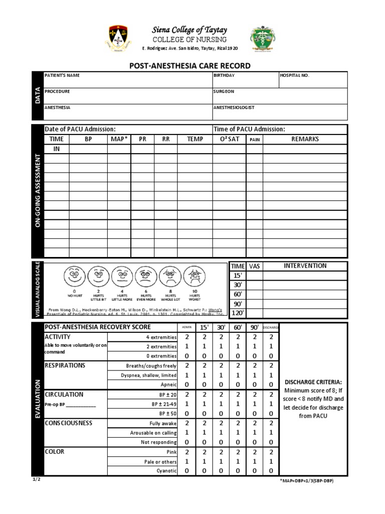 PACU Monitoring Sheet - RR Record - SCT-CON | Download Free PDF ...