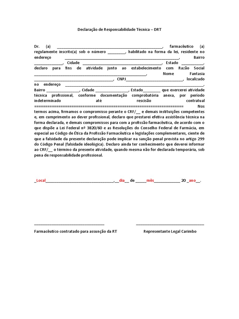 Declaracao de Responsabilidade Tecnica-DRT | PDF